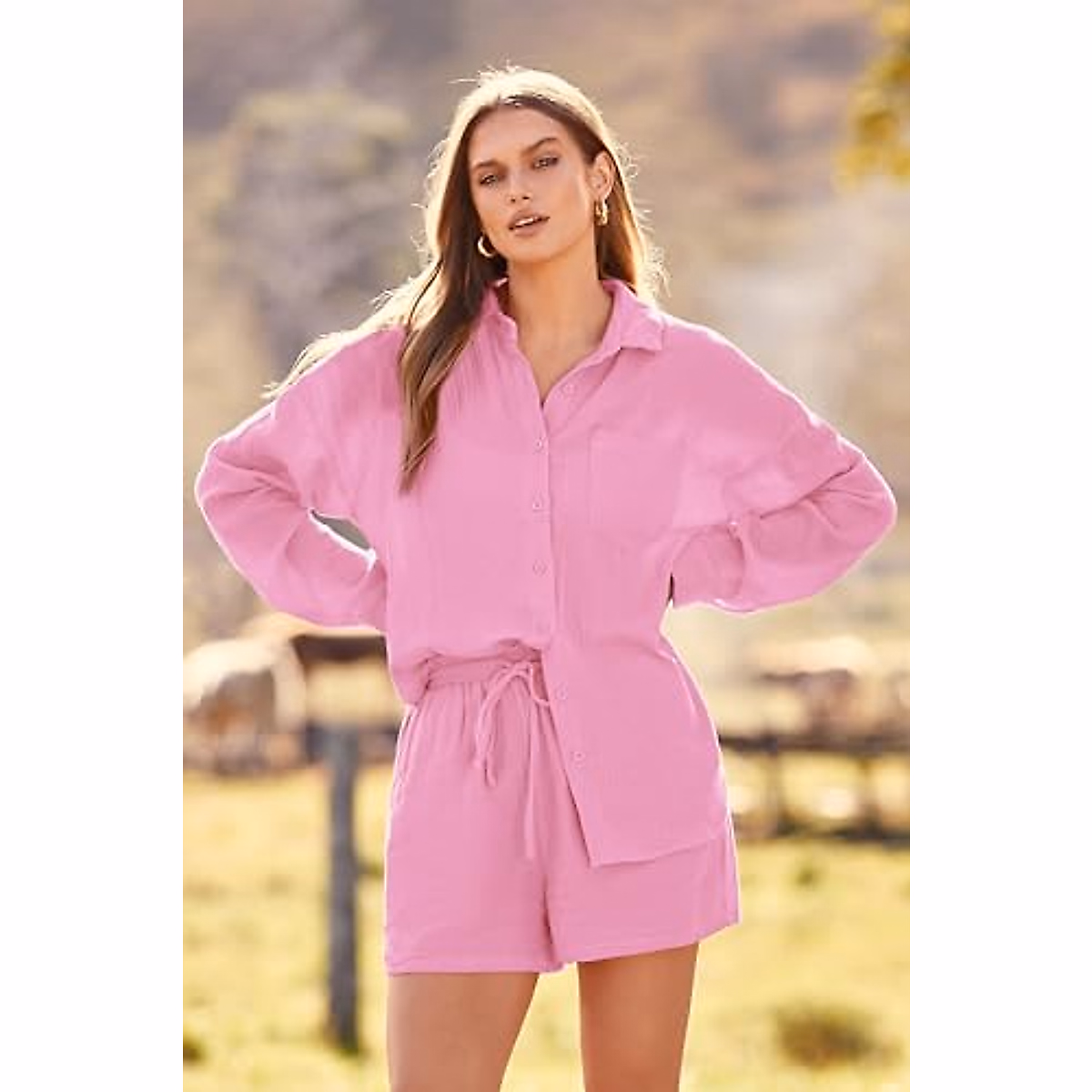 PRETTYGARDEN Women's 2 Piece Tracksuit Outfit Long Sleeve Blouse High Waisted Drawstring Shorts Loungewear Set (Pink,Medium)