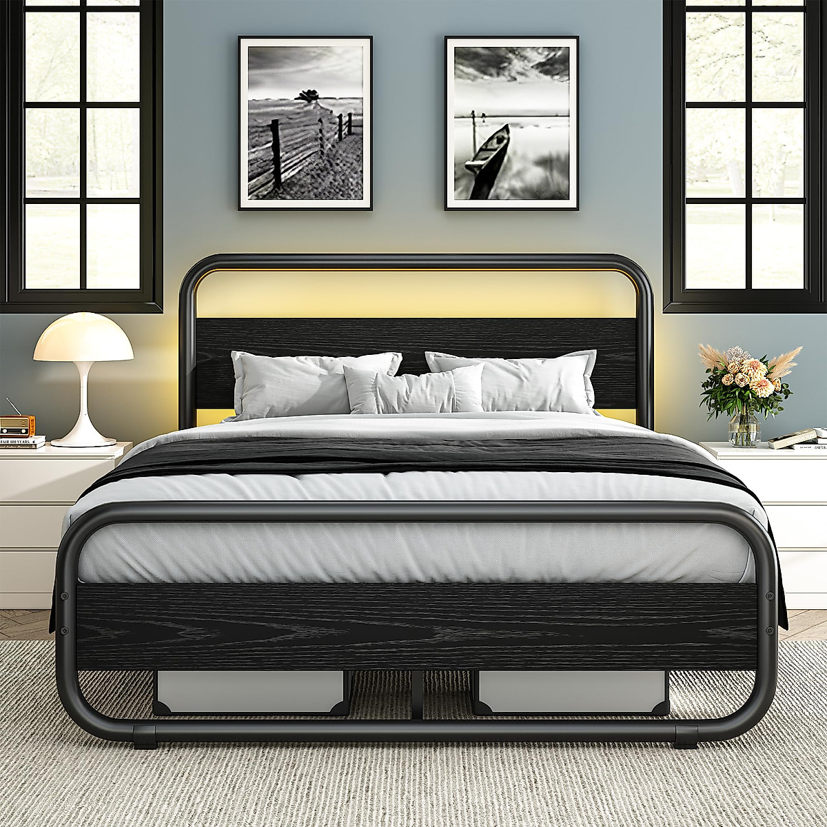 Catrimown Full Size Bed Frame with Wood Headboard, Metal Bed Frame with Under Bed Storage, Black Bed Frame with 20 LED Light Modes, Noise Free, No Box Spring Needed, Black
