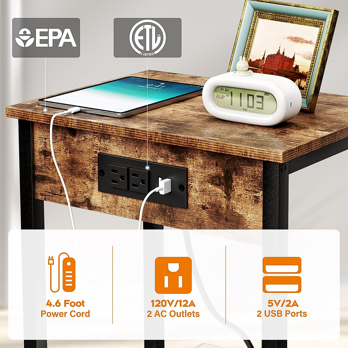 TC-HOMENY End Table Set of 2 with Charging Station & USB Ports, Side Table with Wheels & Storage Shelf Nightstand for Living Room Bedroom