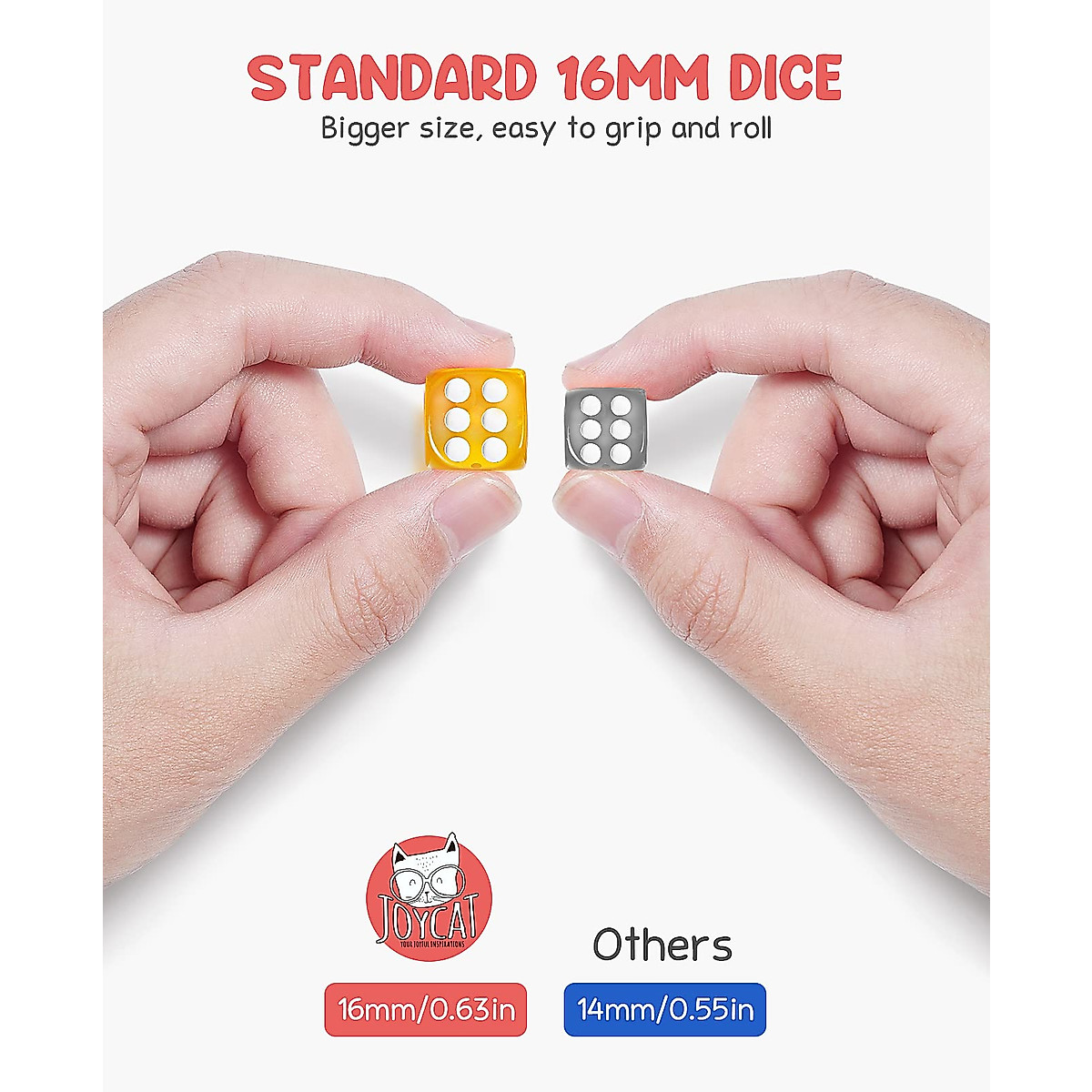 JoyCat 16mm 6 Sided Dice Set Standard Game Dice Kids for Board Games Dice Games Math Dice for Classroom with Storage Bucket (100, Translucent)