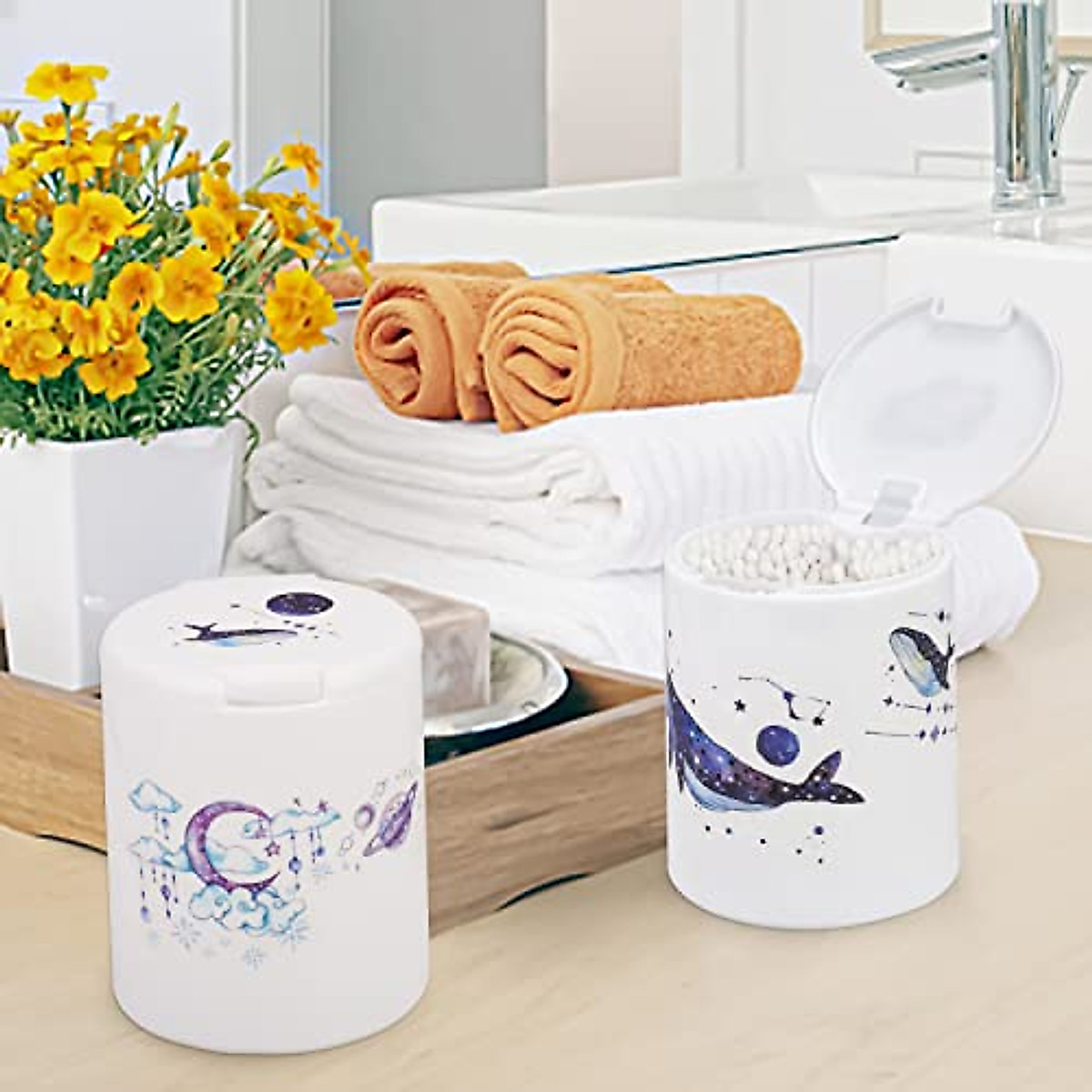 LYroo 2 Pack Qtip Holder Dispenser for Cotton Ball,Cotton Swab,Cotton Round Pads,Floss White Plastic q tip holder Jar with lids Set for Bathroom Bedroom Storage