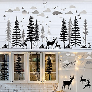 8 Pieces Winter Forest Wall Stickers Nursery Snowflake Wall Decals Dreamy Forest Wall Stickers Deer Pine Tree Wall Decals Woodland Trees Wall Decals for Kids Room Winter Decor(Black, White, Gray)