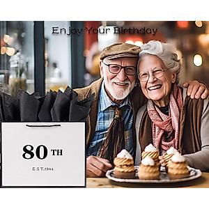 Jaywayang 80th Birthday White and Black Large Gift Bag with Card and Tissue Paper, Metallic Printing Keepsake Gift Vintage Bag for Men Women, 1944 Grandparents 80 Year Old Party Paper Bag for Gifts