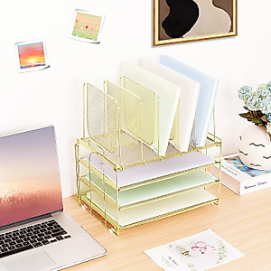 ORDROLL Desk Paper Organizer with Handle,3 Tier Letter Trays with 5 Vertical File Holder,Paper Storage,Desktop Organizer for Classroom,Home or Office,Gold