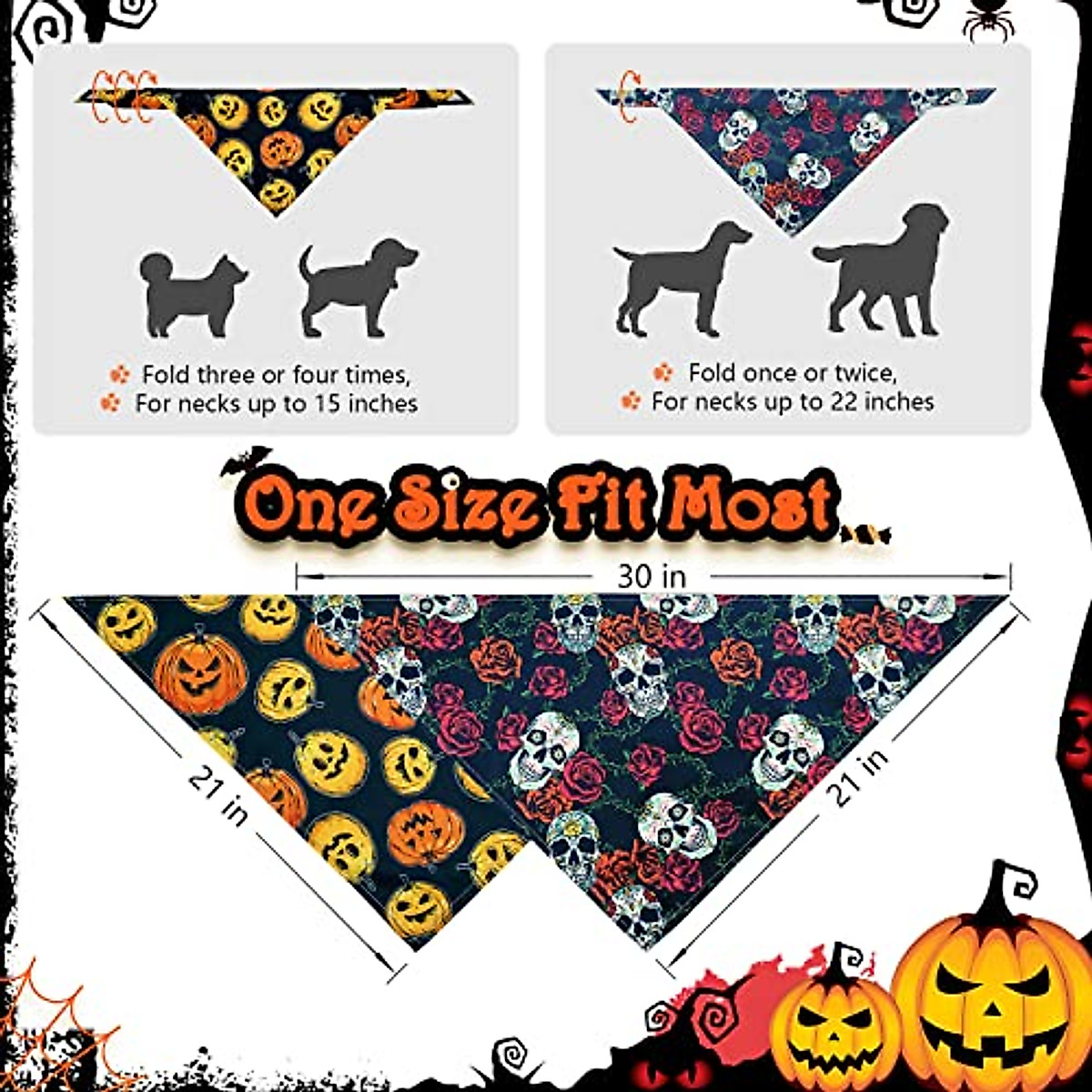 PurrNbark Halloween Dog Bandanas for Small Medium Large Breed Dogs and Cats Dog Bandana Girl Boy Scarf 2Pack Halloween Costumes Accessories Pumpkin Skeleton Ghost Pattern Black