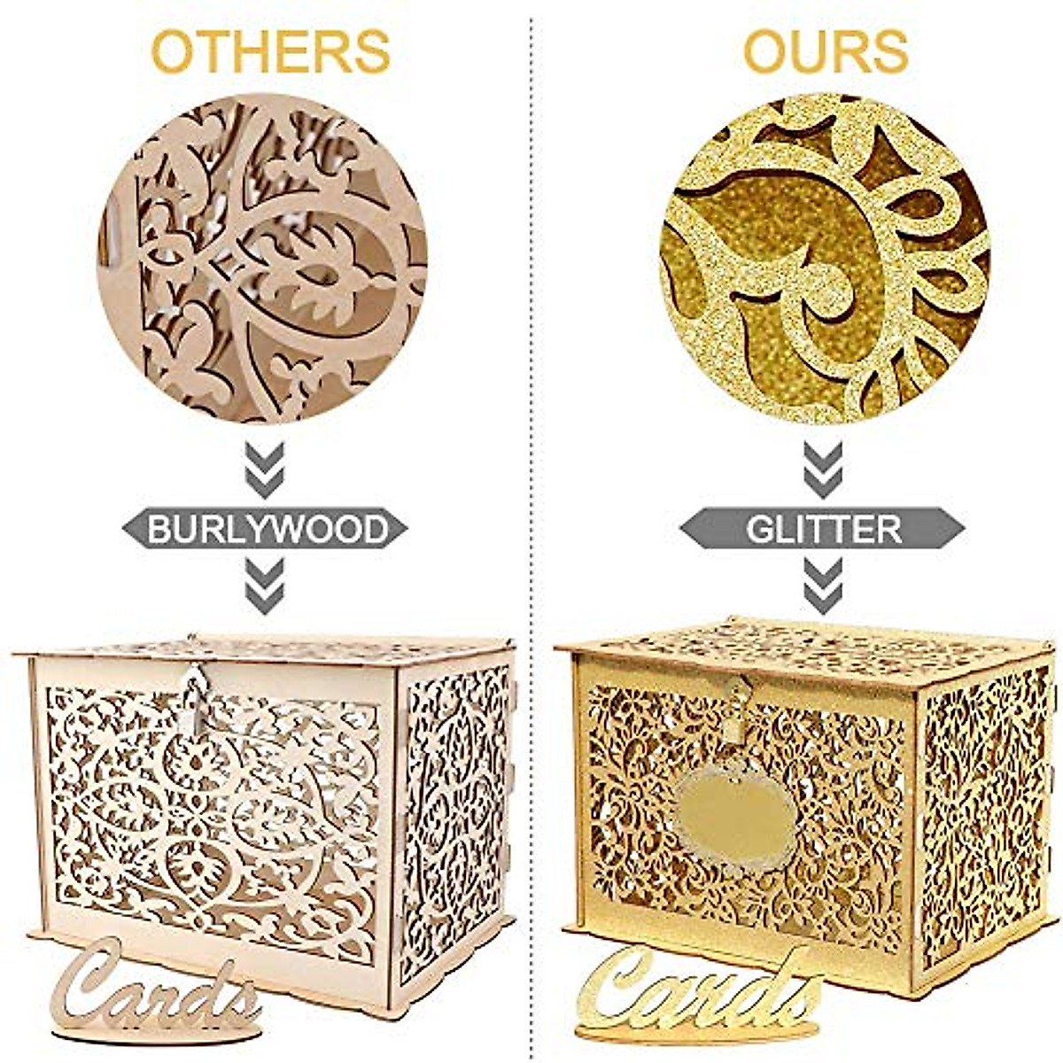 OurWarm Glittery Gold Wedding Card Box with Lock, Wood Gift Card Box Holder Money Box for Wedding Reception Birthday Party Baby Shower, Open House Celebration or Graduation Party Decorations