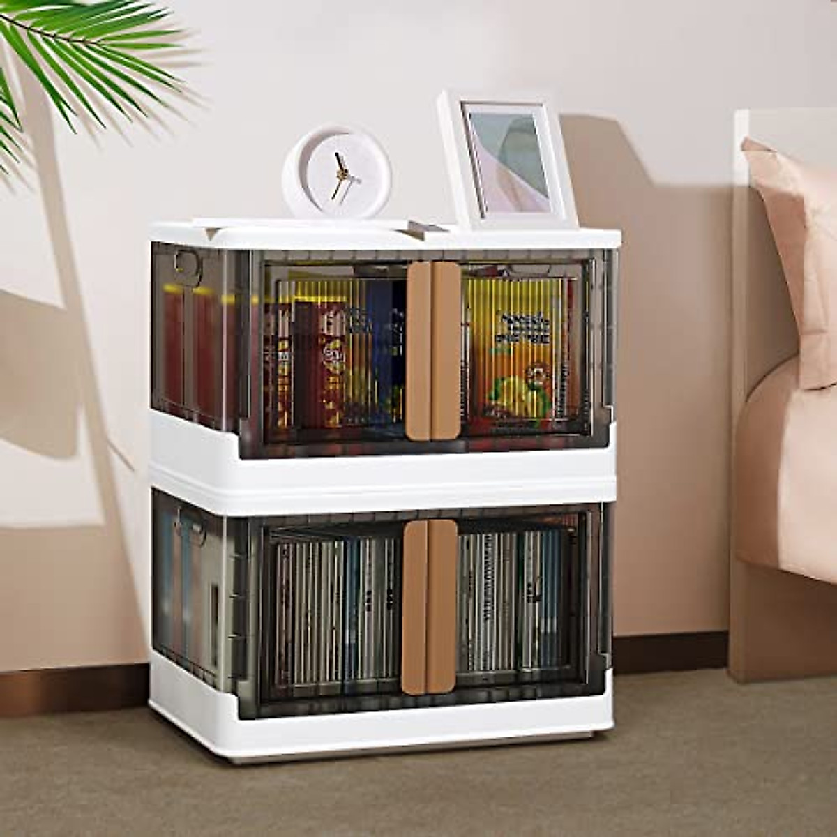 MOSFiATA Storage Bins with Lids - 8.4Gal Stackable Storage Bins, Folding Storage Box for Closet Organizer, Plastic Collapsible Storage Bins with 2 Doors & Wheels for Home Kitchen,1 Pack