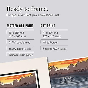 Lantern Press 11x14 Inch Matted Art Print Wall Decor, Loons and Lake at Sunset