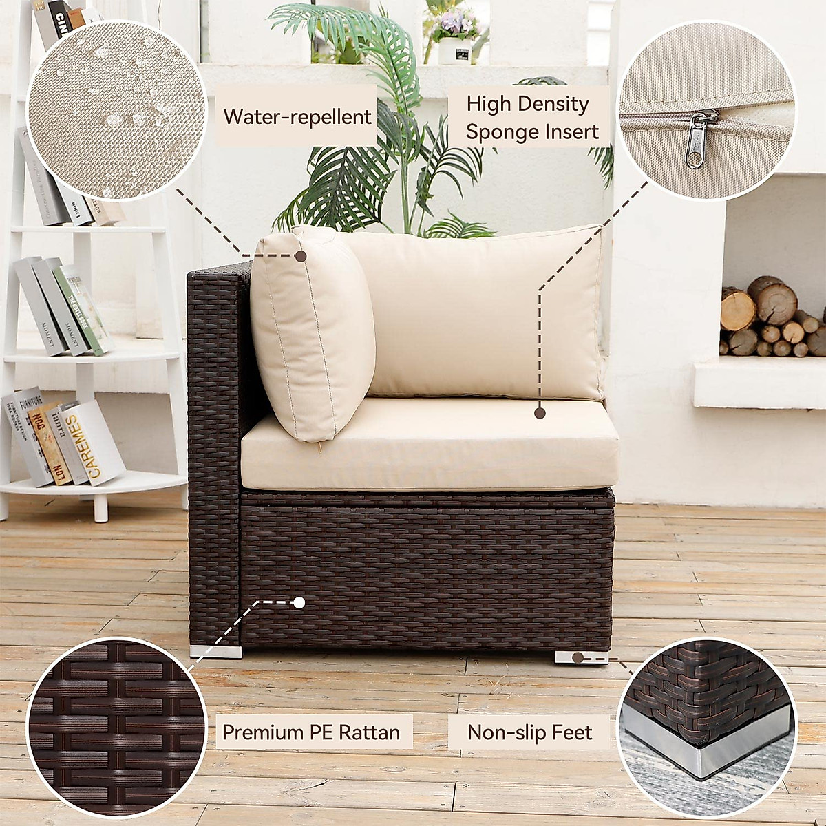 NICESOUL® Large 6 Pieces Brown Patio Furniture Sets with Gas Propane Fire Pit Table PE Wicker Modular High Back Outdoor Sectional Sofa Patio Conversation Sets with Firepit for Backyard Pool Garden