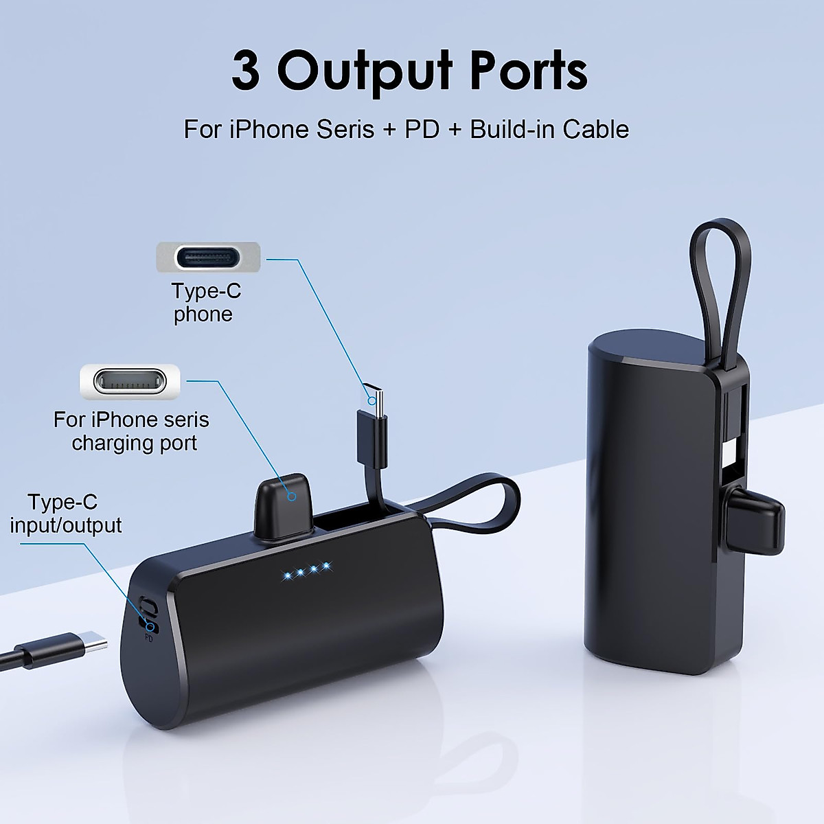 [2 Pack] Mini Portable Charger Power Bank for iPhone,[2024 Upgraded] 5200mAh PD Battery Pack Built-in USB C Cable, Backup Charger Compatible with iPhone 15/14/14 Pro Max/13/12/11/XR/8/7/6,Android etc