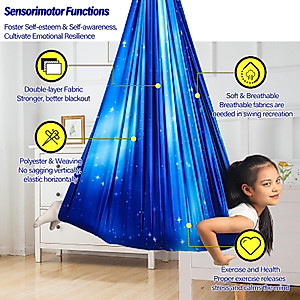 Sensory Swing for Kids & Adults Holds up to 300lbs Indoor & Outdoor Double Layer Therapy Cuddle Swing with 360° Swivel Hanger Kit for Calming, Effect for Autism, ADHD or SPD. (Star Blue)