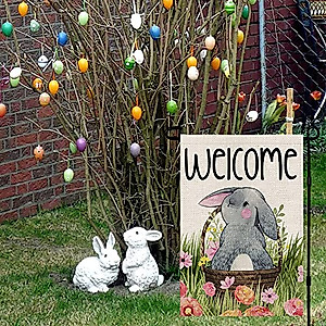 Welcome Easter Garden Flag Vertical Double Sided, Spring Bunny Floral Basket Holiday Yard Farmhouse Outdoor Decoration 12x18 Inch DF022