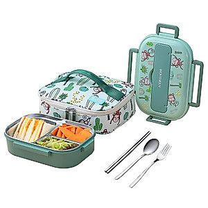 ArderLive 316 Stainless Steel Bento Lunch Box with Utennsil & Bag - 3 Compartment 25oz Compact Lunch Containers for Adults, BPA-Free, Dishwasher Freezer Safe, Food-Safe, Green