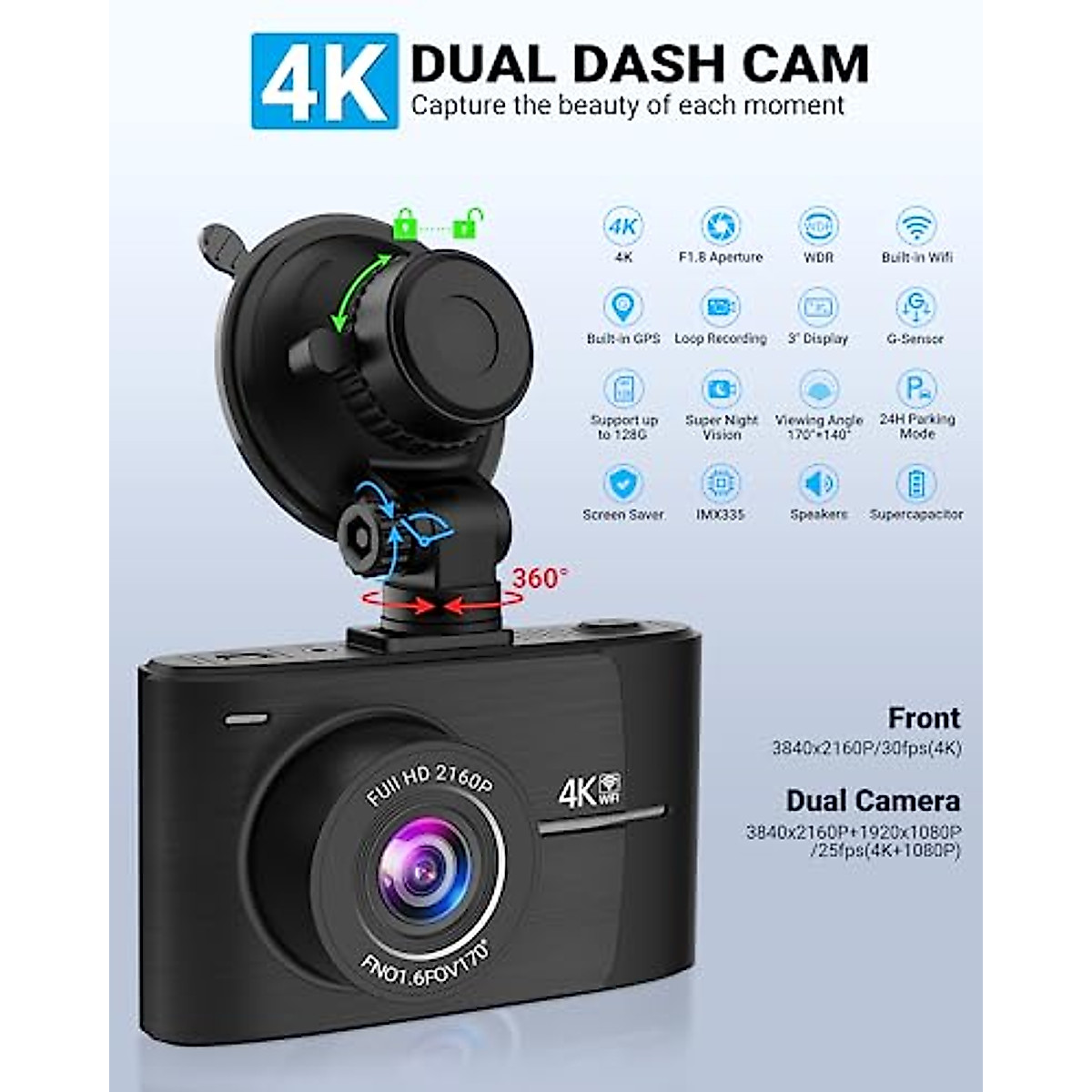 Dash Cam Front and Rear 4K Dash Cam Dash Camera for Cars Front 4K/2K Rear 1080P Built-in GPS with WiFi 3" IPS Display WDR Parking Mode, G-Sensor, Loop Recording, Night Vision, Support 128GB Max