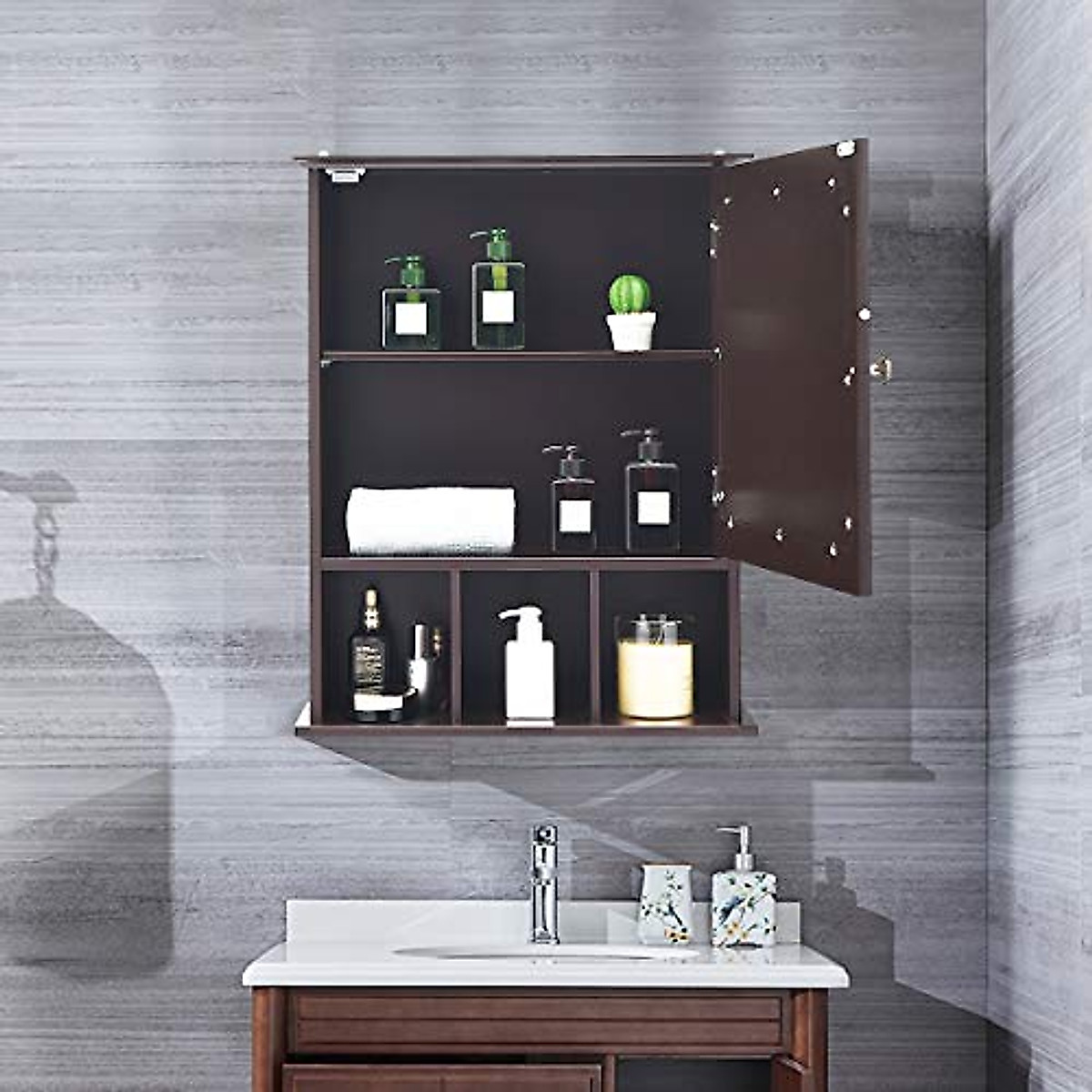 DORTALA Bathroom Wall Storage Cabinet, Mirror Cabinet Organizer, Wooden Hanging Medicine Cabinet Organizer w/Adjustable Shelf & 3 Open Compartments, Brown