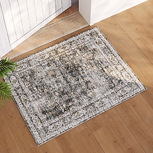 Rugcomf 2x3 Rug Washable Boho Rug Soft Small Area Rug Non-Slip Non-Shedding Faux Wool Vintage Rug for Door Mat, Kitchen, Floor, Entryway, Powder Room (Grey and Brown)