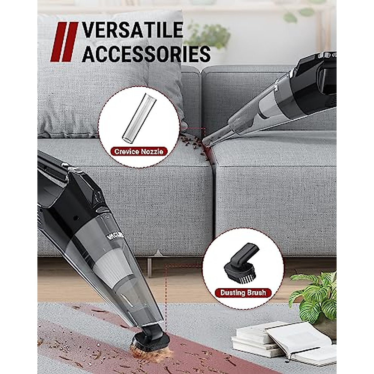 VacLife Handheld Vacuum - High Power Car Vacuum Cordless Rechargeable with Multipurpose Nozzles, Lightweight Mini Vacuum with LED Light, Portable Vacuum Cleaner for Home, Silver&Black (VL756)