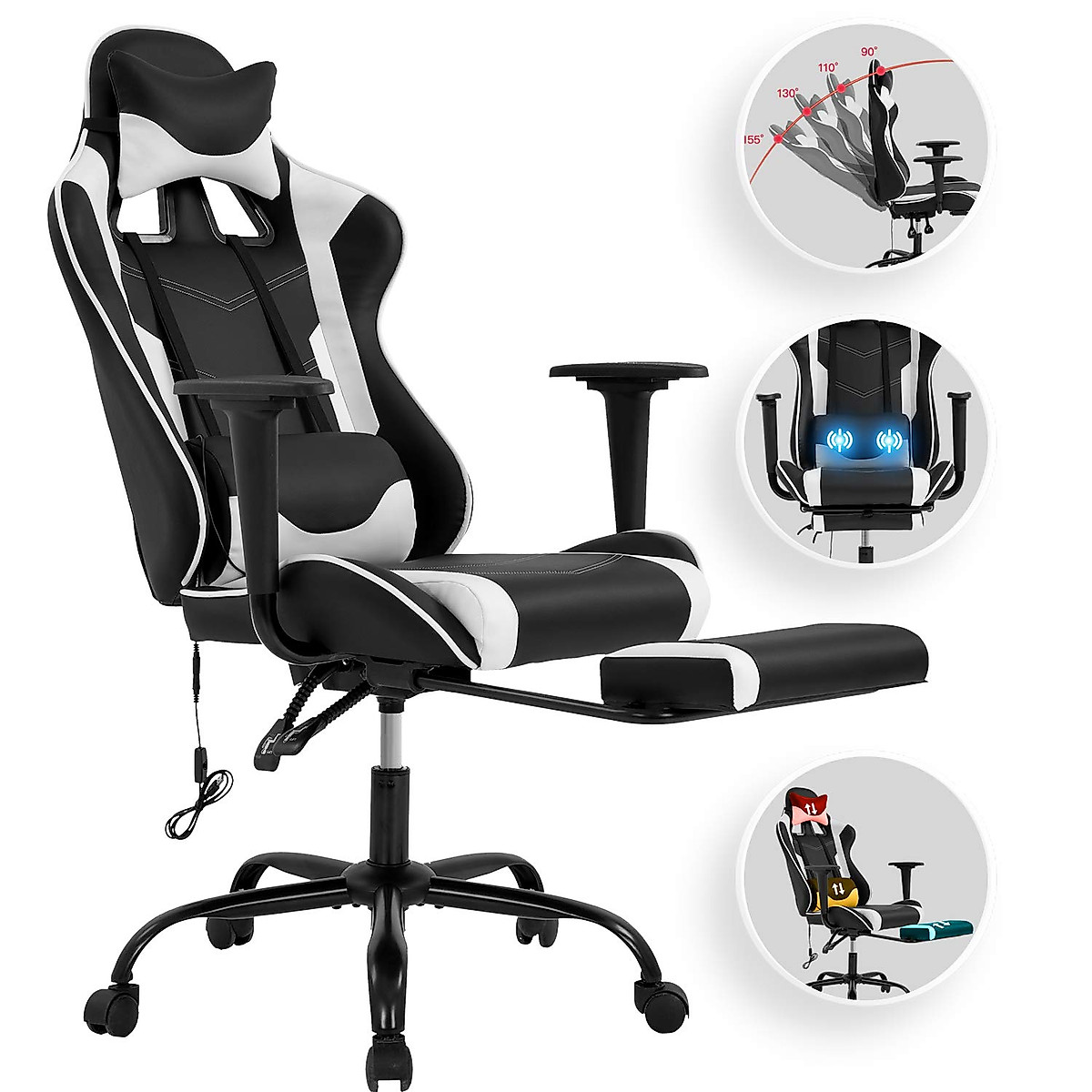 Vnewone Computer Gaming Chair Office PC Ergonomic Home Executive Desk Racing Rolling Swivel Task Adjustable High-Back PU Leather with Lumbar Support Footrest Headrest Armrest Massager, White