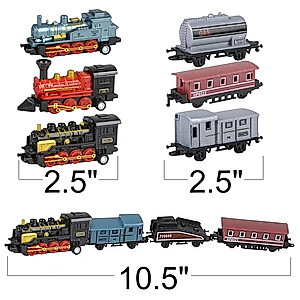 ArtCreativity Mini Locomotive Train Playset for Kids, Set of 3, Each Set with 1 Locomotive and 3 Carts, Diecast Train Toy for Boys and Girls with Pullback Motion, Great Birthday Gift
