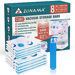 Cube Vacuum Storage Bags, 8 Pack(4 Jumbo+ 4 Large) Space Saver Bags with Hand Pump, Vacuum Compression Sealer Storage Bags for Clothes, Mattress, Blanket, Duvets, Pillows, Comforters,Travel, Moving