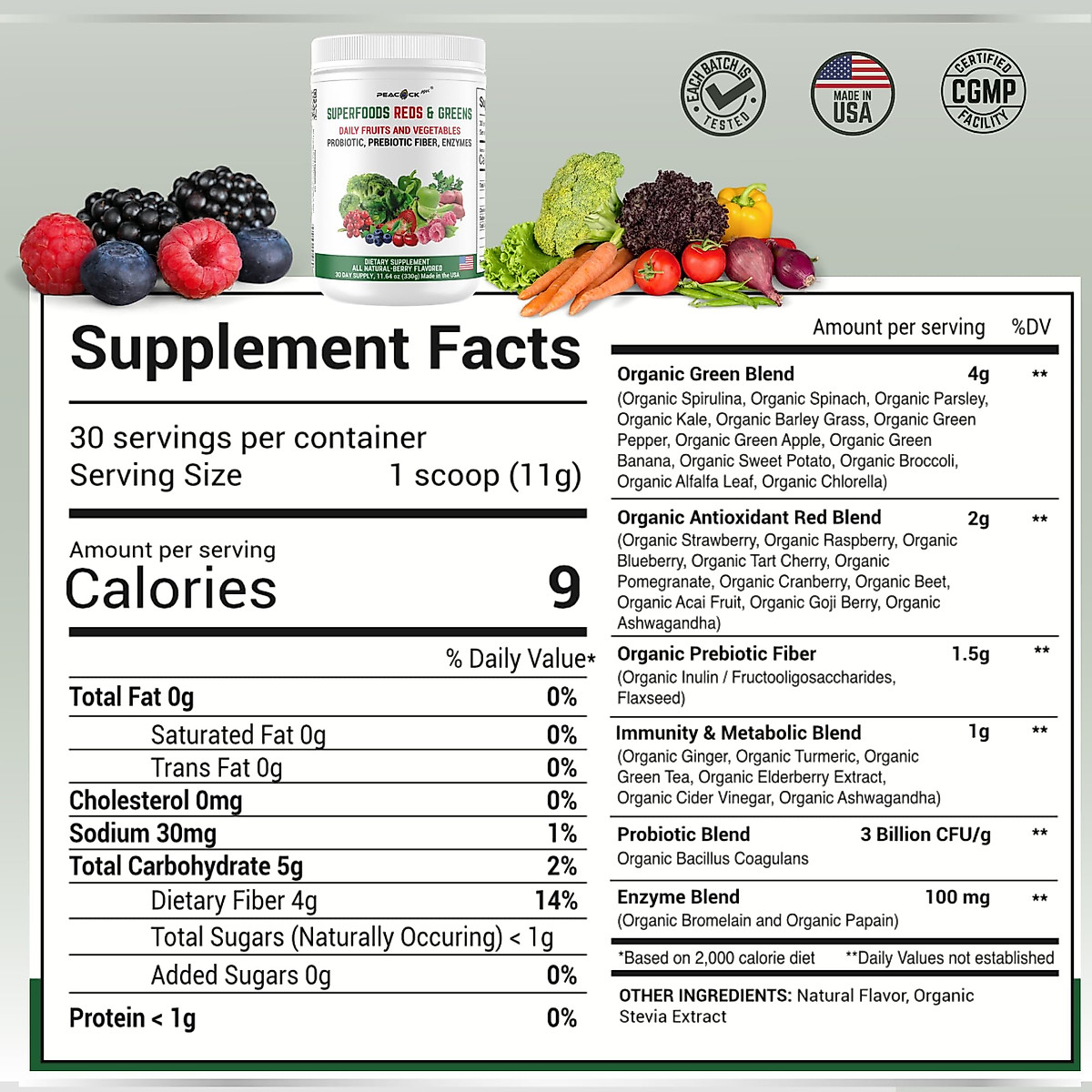 Peacock Max Superfoods Reds and Green Organic Daily Supplement Powder for Immunity, Bloating and Gut Health, Plant-Based, Vegan, Non-GMO Formula with Antioxidants, Prebiotics and Probiotics 11.64 oz