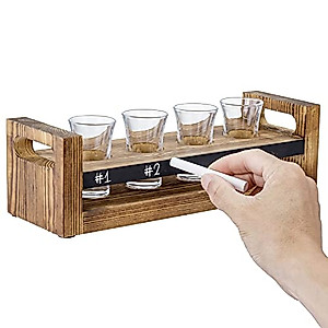 MyGift Flight Serving Caddy Set, Rustic Burnt Solid Wood Tasting Holding Tray with Handles - Includes 4 Clear Shot Glasses and Chalkboard Label Panel