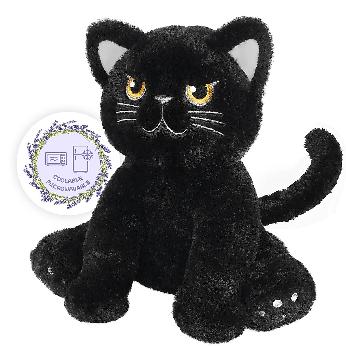 SuzziPals Coolable & Heatable Grumpy Black Cat Stuffed Animals, Lavender Scented Microwavable Plush Toys Heating Pad for Soothing & Period Discomfort, Kitty Plushie for Bedtime Cuddle, Warming Gift