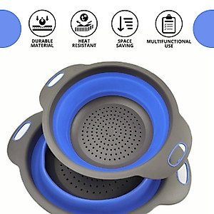 Round Silicone Blue Colander Collapsible – Foldable Kitchen Strainer Small Collapsible Colander Blue with Plastic Handles for Draining Vegetable and Fruit Round Silicone Kitchen Strainer for Pasta