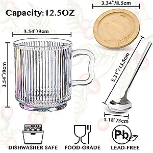 LETINE Iridescent Glass Coffee Mug with Lids (12.5 oz) - Insulated Coffee Mugs Tea Cup with an Espresso Spoon. Perfect for Latte, Cappuccino, Tea. Gift for Women & Men in Birthdays, Holidays