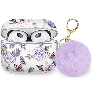 Maxjoy Compatible AirPods 3rd Generation Case, Flower Clear Cute Case for Women Girls Soft Protective Air Pod 3 Gen Cover with Keychain Compatible with Apple Airpods 3rd Charging Case 2021, Purple