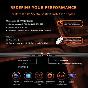 HP Spectre 16T x360 Intel Core Ultra 7 13th Gen, 32 GB RAM, 1TB SSD, Win 11 Pro, Intel Arc 4GB, 16" 2.8K OLED Touchscreen, Tilt Pen, 64GB TW Flashdrive