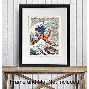 Japanese Kanagawa Wave Octopus Dictionary Wall Art Decor - Retro 8x10 Upcycled Home Decoration for Office, Apartment, Beach House, Living Room, Bedroom, Bathroom - Gift for Steampunk, Goth, Ocean Fans