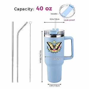40 Oz Insulated Tumbler with Handle and Straw,Watercolor Butterfly Star Leaf Stainless Steel Vacuum Insulated Travel Mug,Leak-proof Water Bottle Iced Coffee Cup,Vintage Rainbow