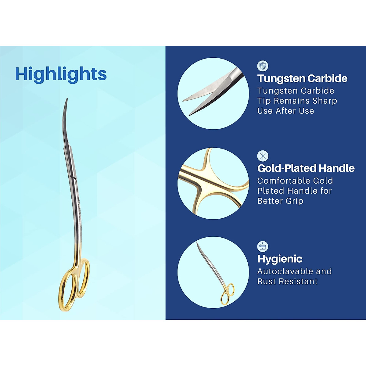 Double curved tungsten carbide inserts Gold Plated handle Scissors 4.5 inch LaGrange | Dental ENT EYE DERMA Embroidery Scissors Applique Scissors for Machine Embroidery & Fabric Stitches (5.5 Inches)