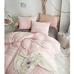 HYPREST 100% Cotton Duvet Cover Queen - Pink Striped Duvet Cover Soft Comfortable Cute Light Pink Comforter Cover Bedding Set