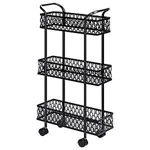 Slim Rolling Storage Cart, 3 Tier Bathroom Organizer Mobile Shelving Unit, Mobile Shelving Unit Cart with Handle and Lockable Wheels for Bathroom,Laundry,Living Room,Kitchen (Black)