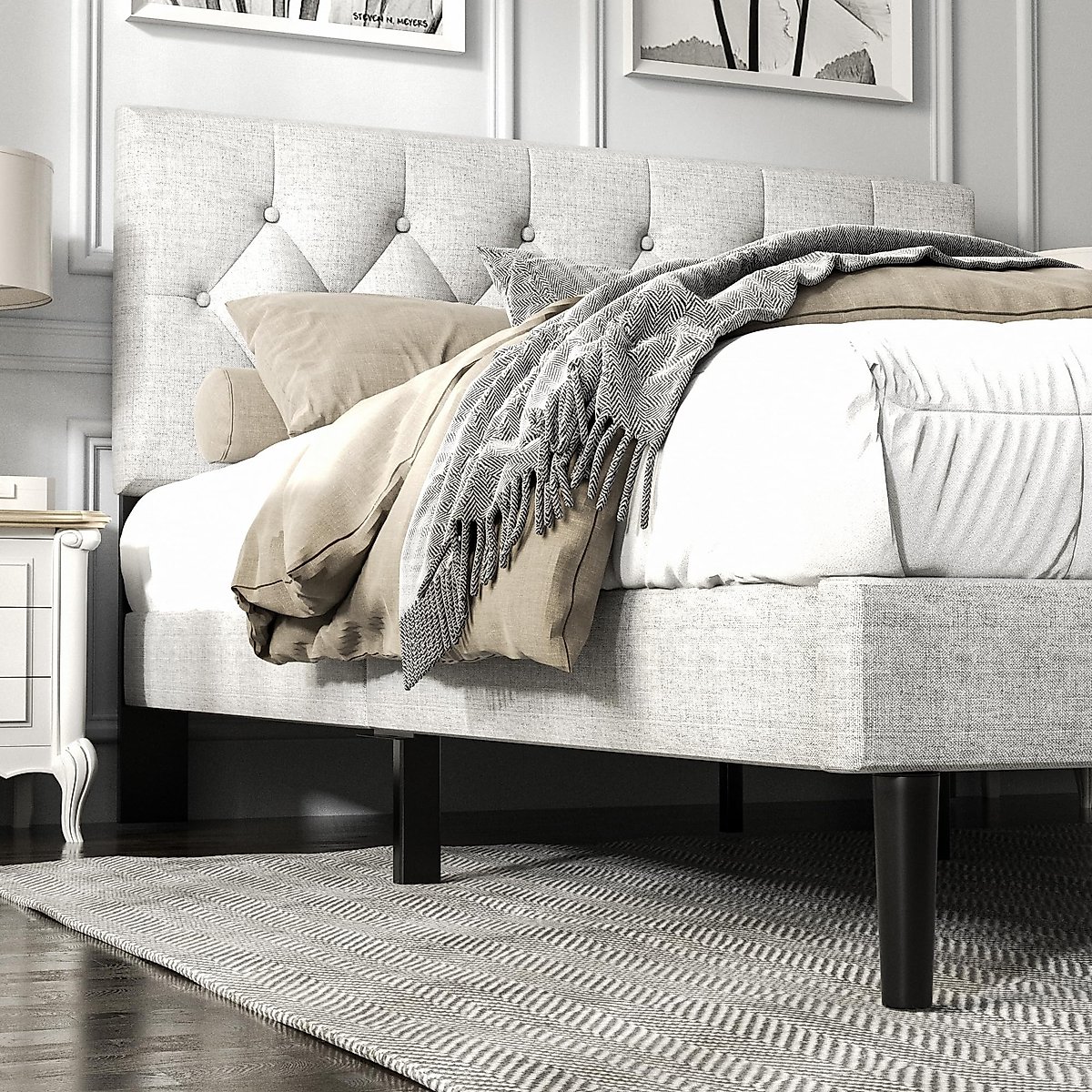 HAOARA Queen Size Platform Bed Frame with Upholstered Button Tufted Headboard, Mattress Foundation with Wooden Slat Support, Noise Free, No Box Spring Needed, Easy Assembly, Light Grey