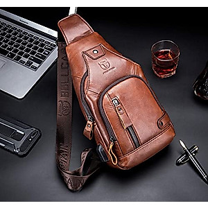 BULLCAPTAIN Leather Men Sling Bags Travel Crossbody Chest Bag Hiking Daypack with USB Charging Port Multi-Pocket