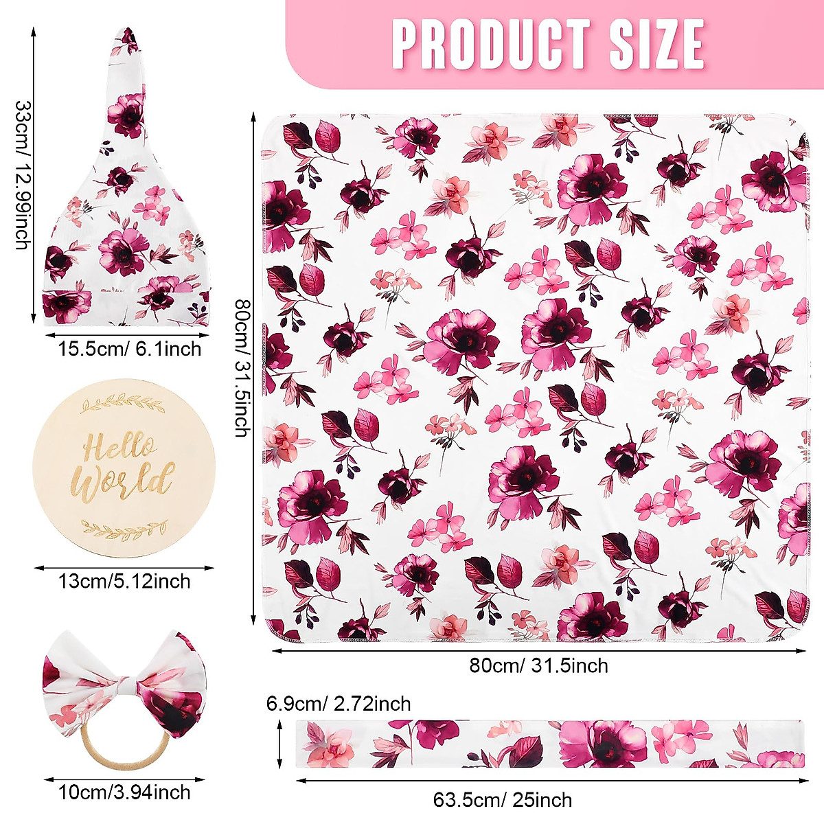 Toulite 5 Pcs Newborn Swaddle Set Girl Floral with Matching Muslin Baby Swaddle Blanket, Hat Hairband and Headband Bow, Wooden Birth Announcement Card for Boys Girls Infants Shower Gift