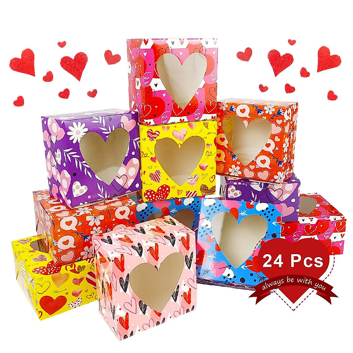 24 Valentines Day Boxes, Heart-shaped Transparent Window Gift Box, Premium Valentines Day Treat Boxes for Kids & Perfect for Holiday Pastries Doughnut and Cookie Boxes, Brownies, Cupcake, Gift Giving