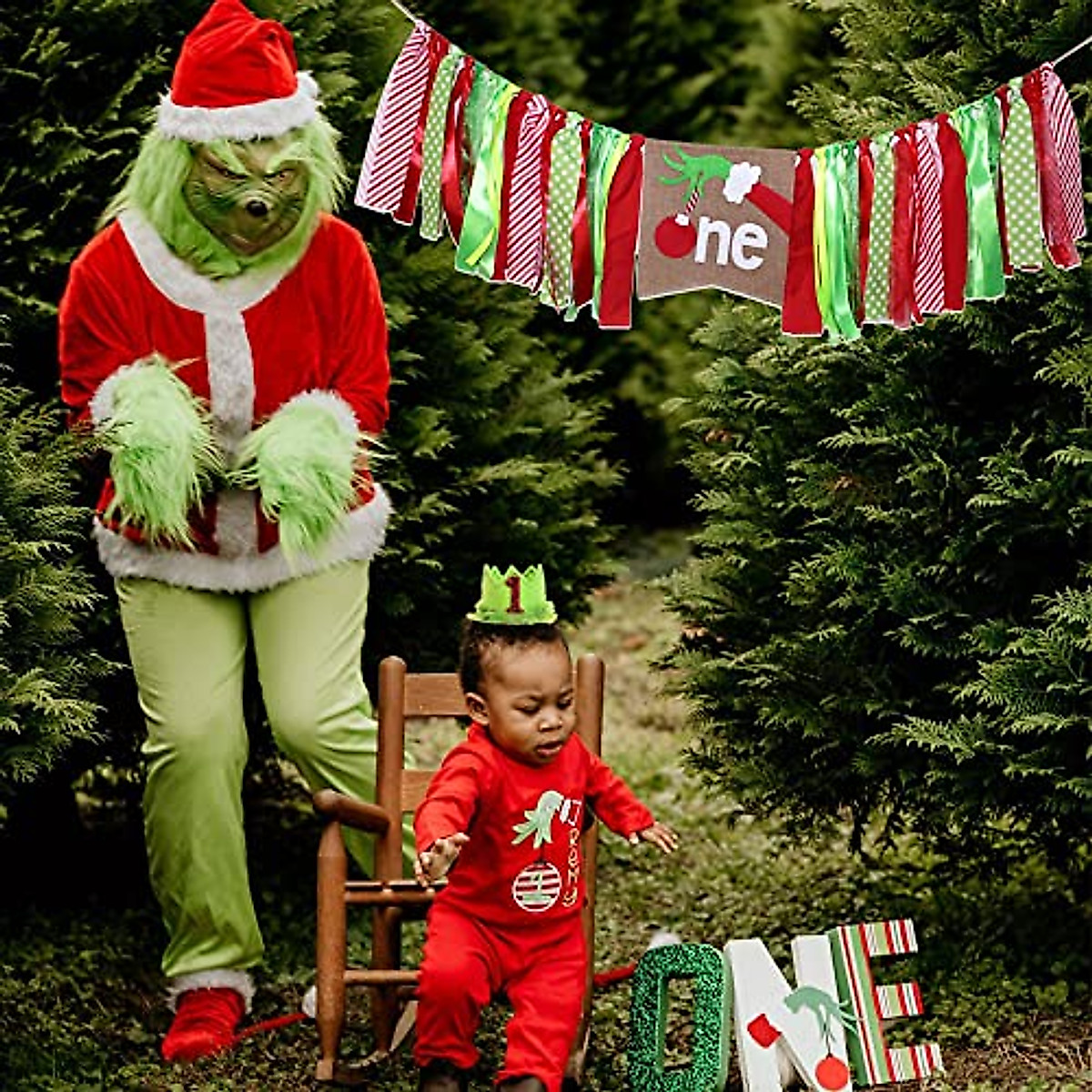 Christmas High Chair Banner, Christmas 1st Birthday Sign Banner, Candy Cane Red & Bright Green Highchair Garland,Christmas Crown Hat for Kids Christmas First Birthday, Photo Booth Props And Cake Smash