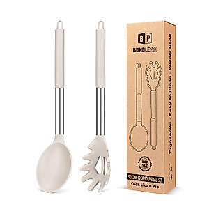 Silicone Pasta Fork and Cooking Spoon Set, Non Stick Kitchen Utensils for Cooking,Stirring,Serving Spaghetti, Soup, Sauce (KHAKI)