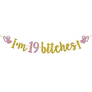 I'm 19 Bitches Banner, Gold & Pink Glitter Funy Happy 19th Birthday Banner, 19 Years Old Birthday Sign, Cheers to 19 Years Party Decorations Supplies, 7.5 Feet