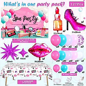 Keleno 127PCS Spa Party Supplies for Girls Makeup Birthday Decorations with Balloons Garland, Lipstick Kiss High Heels Foil Balloons, Backdrop, Tablecloth, Girls Women Slumber Pamper Spa Party Decor