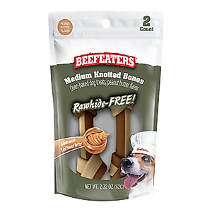 Beefeaters Dog Treats - Med Knotted Bone 4" PB Flavor 2ct, Case of 12 | Rawhide Free Dog Food | Real Peanut Butter | No Artificial Flavors | Dental Cleaning | Training Treats for All Dog Sizes