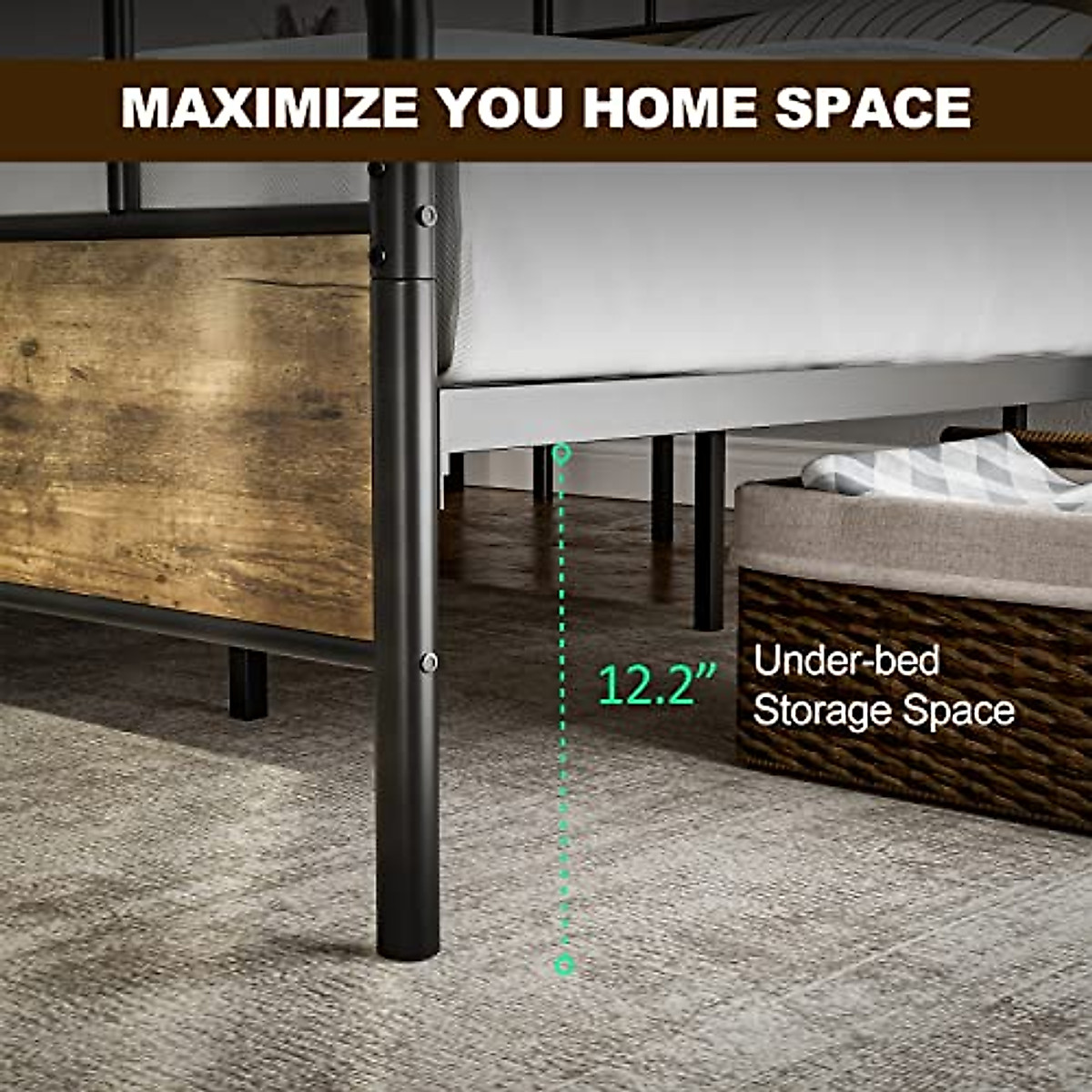 IKIFLY King Size Metal Platform Bed Frame with Wood Headboard Footboard, Heavy Duty Steel Slats, 12" Under Bed Storage, Mattress Foundation, No Box Spring Needed - King/Rustic Brown