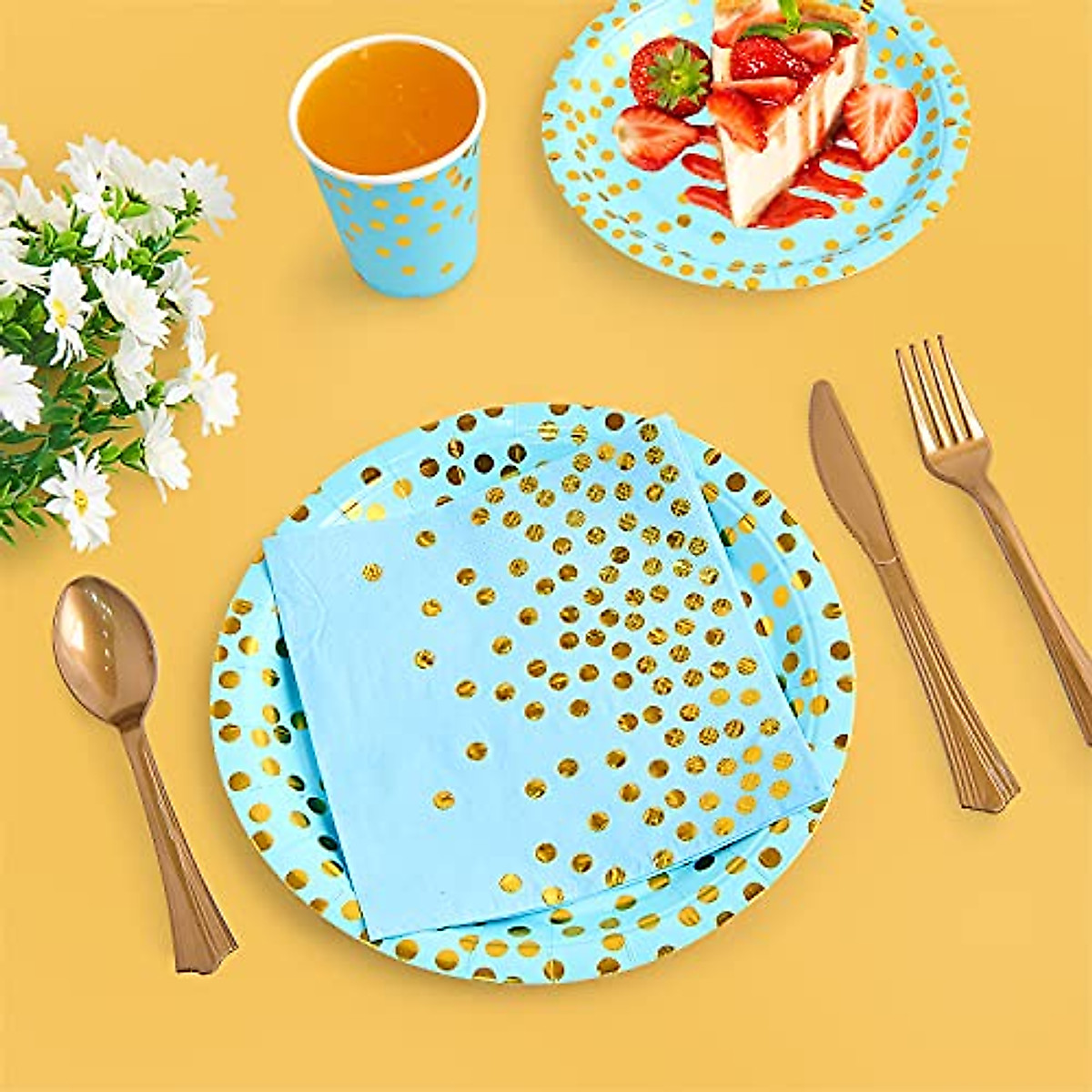 210 Piece Golden Dot Dinnerware Set 30 Guest - 60 Blue Paper Plates,30 Gold Plastic Silverware,30 Paper Cups,30 Paper Napkins, FOCUSLINE Disposable Party Dinnerware for Graduation Birthday Wedding