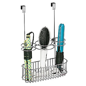 mDesign Steel Over Cabinet Door Hair Care, Hot Styling Tool Organizer Storage Basket for Hair Dryer, Flat Irons, Curling Wands, Straighteners, Space Saving, 3 Sections -Concerto Collection - Chrome