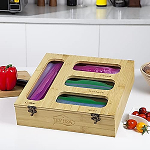 Bamboo Ziplock Bag Organizer for Drawer with Removable Lid | Ziplock Bag Storage Organizer | Ziplock Bag Organizer| 4 Compartments Plastic Bag Organizer | Wooden Baggie Organizer | 12 x 12 x 3-inch