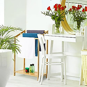 HYNAWIN Bamboo 3 Tier Towel Rack for Bathroom, Free Standing Beach Towel with Storage Shelf, Poolside Rack with Bottom Organizer for Bath, Hand Towel, Laundry